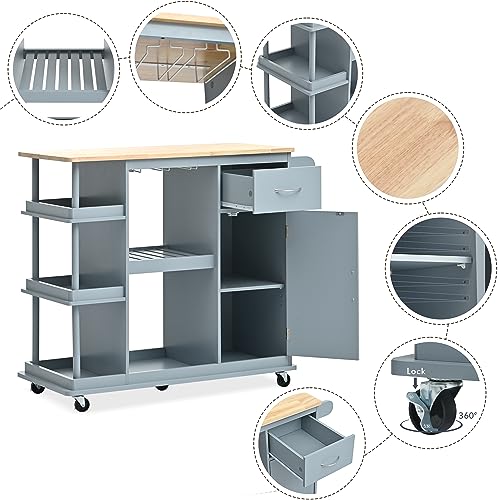 Plebs Home Multipurpose Kitchen Cart Cabinet, with Side Storage Shelves, Rubber Wood Top, Adjustable Storage Shelves, 5 Wheels, Kitchen Storage Island with Wine Rack, for Dining Room, Home - Gray Blue