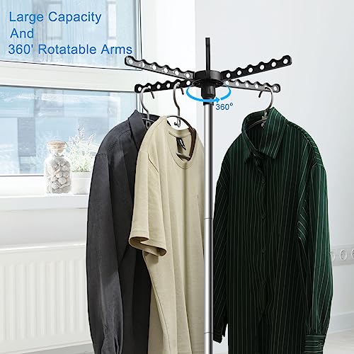 Lreros Clothes Drying Rack,59-Inch Clothes Drying Rack Folding Indoor,Laundry Drying Rack with 6 Rotatable Arms for Hanger, 6 Legs, Stainless Steel, for 18 Pieces of Clothes, Black