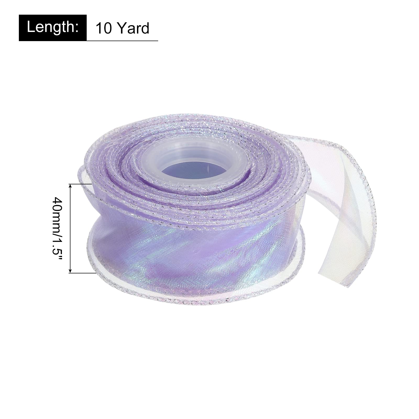MECCANIXITY 1 1/2" Wide Sparkly Sheer Wired Organza Ribbon Pastel Shimmer Iridescent Chiffon Ribbons 10 Yard Lavender Purple for Gift Wrapping Bouquet Wedding Bows