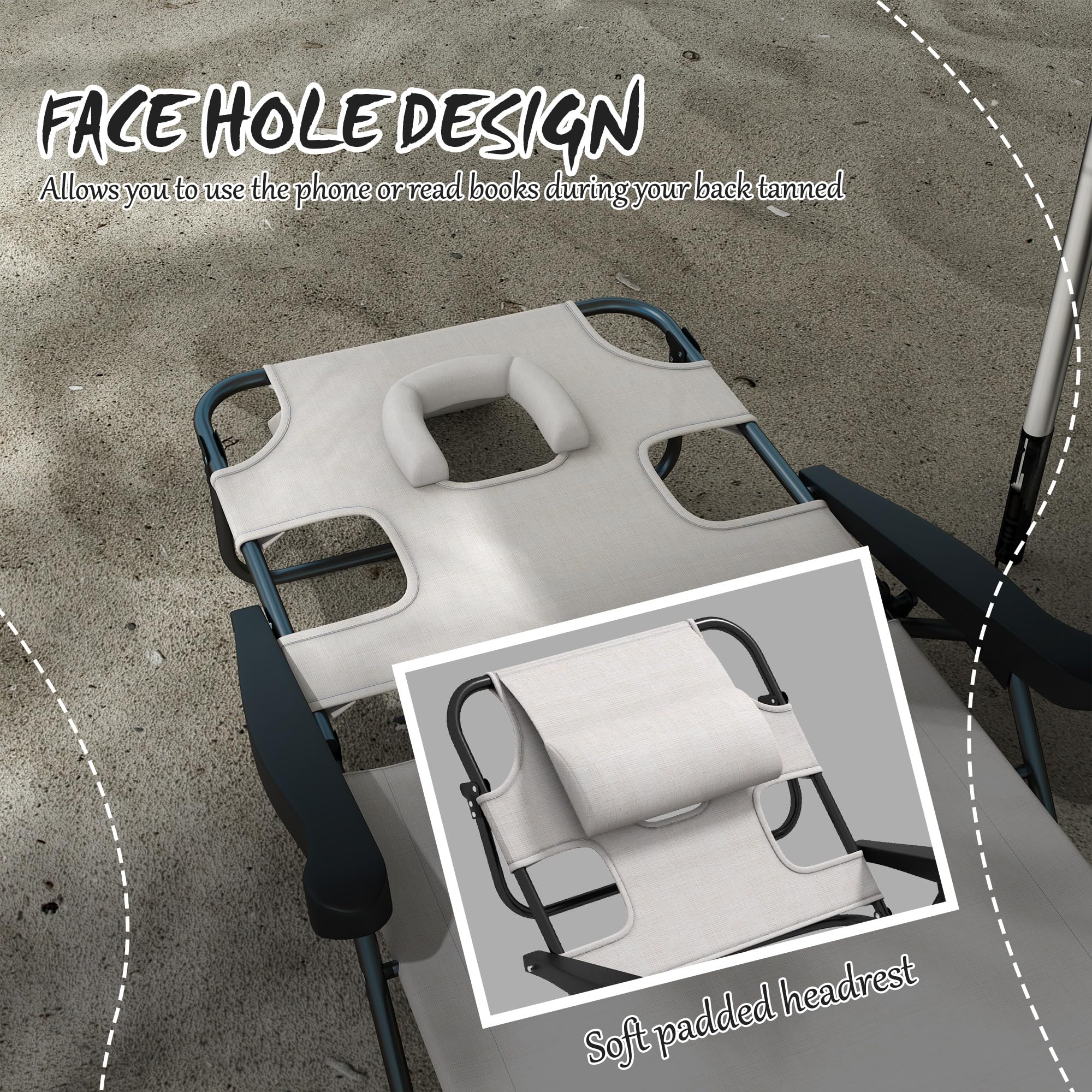 Outsunny Tanning Chaise Lounge Chair, 4-Position Beach Chair with Face & Arm Holes, Pillow headrest, Adjustable Sunbathing Chair, Cream White
