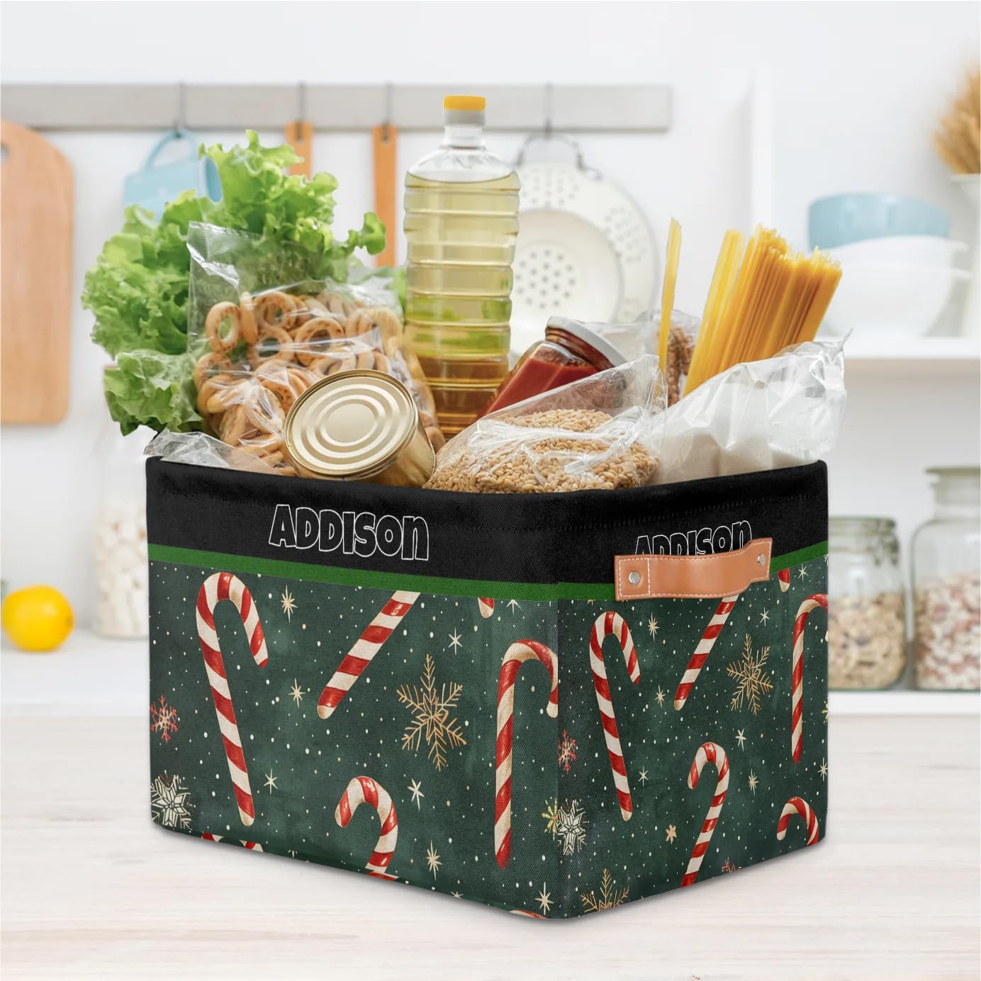 KFNHN Personalized Storage Bins, Customized Name Storage Basket Rectangle Clothes Organizer for Organizing Kids and Pets Toys Shelf Closet, Merry Christmas Green Candy Cane Snowflake