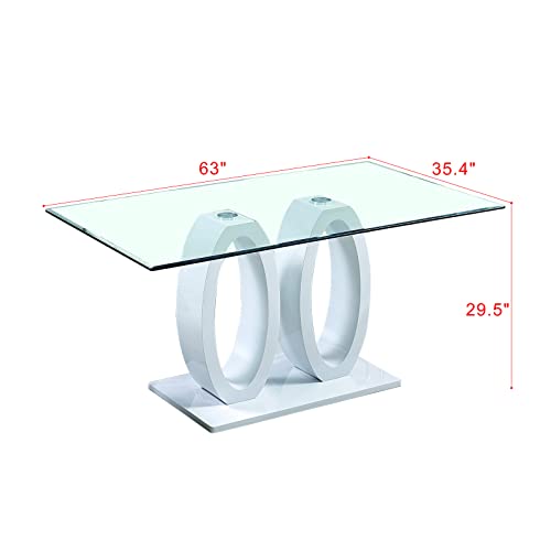 Henf 63" Contemporary Dining Table for 6, Tempered Glass Top Dining Room Table with High-Gloss Double Pedestal, Rectangle Dinner Table Kitchen Table Home Office Meeting Table (White)