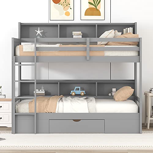 Merax Twin Size Bunk Bed with Built-in Shelves Beside Both Upper and Down Bed and Storage Drawer, Twin Over Twin Solid Wood Bed Frame for Teens, Grey