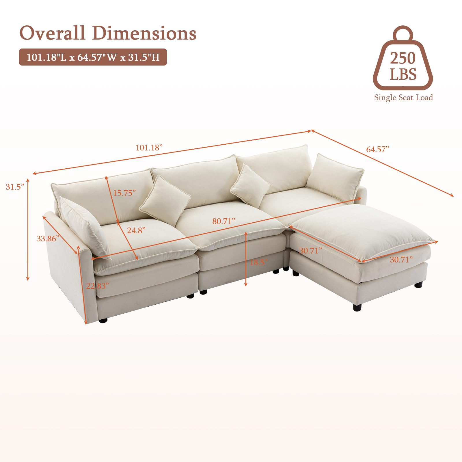L Shaped Sectional Sofa Cloud Couch with Movable Ottoman,Convertible Deep 4 Seater Modular Couch for Living Room,Modern Chenille Comfy Upholstered Corner Couch with Double Cushions,Dark Gray