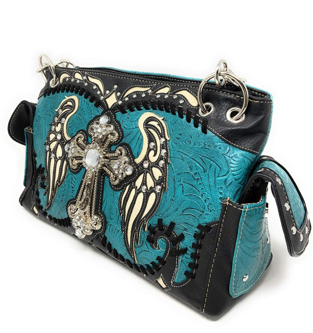 Western Tooled Leather/Laser Cut Bling Rhinestone Cross Wings Handbag Purse and Wallets in 5 Colors (Black Red Handbag)