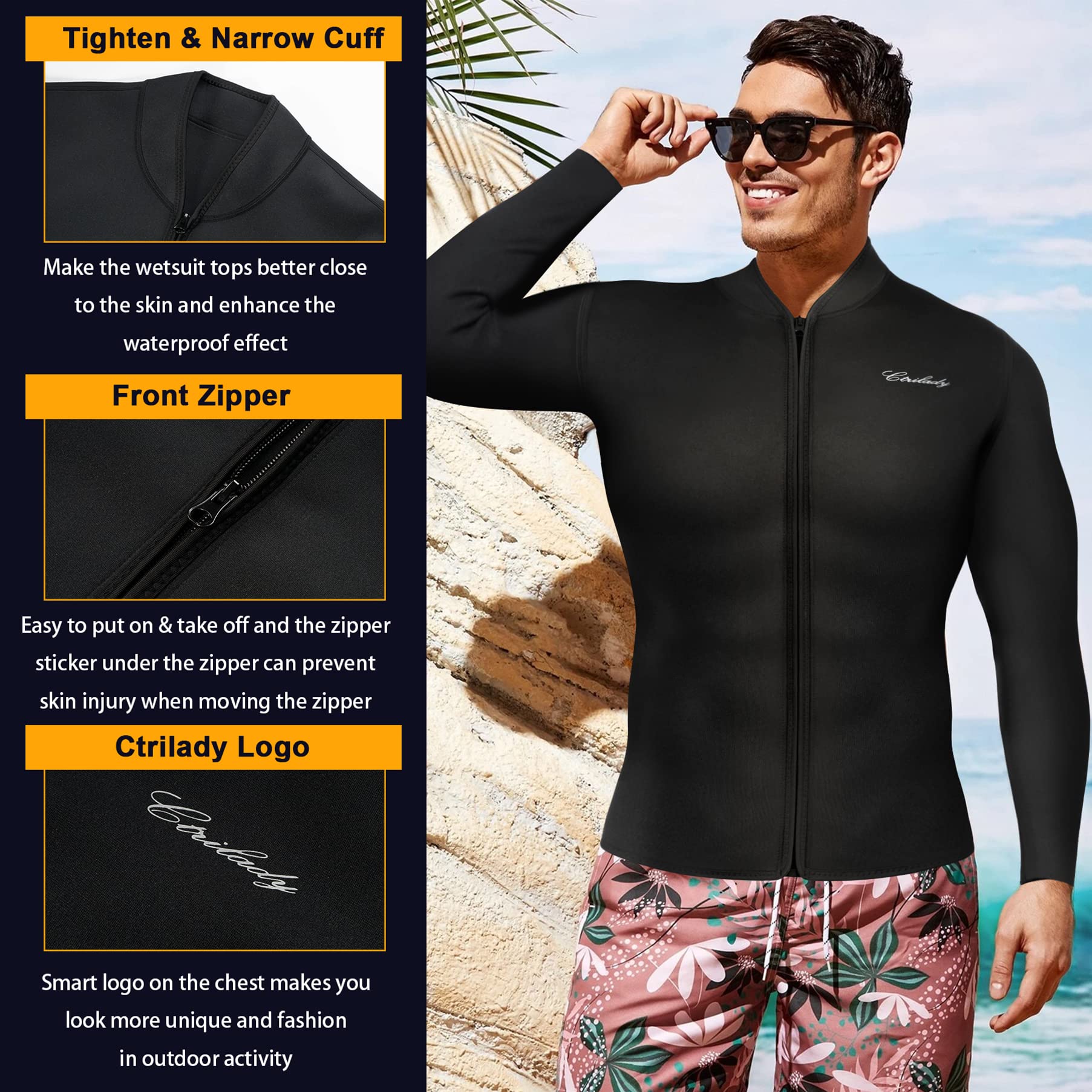 CtriLady Men's Best Neoprene Wetsuit Jacket Front Zipper Long Sleeves Workout Tank Top for Swimming Snorkeling Surfing (Black, XL)