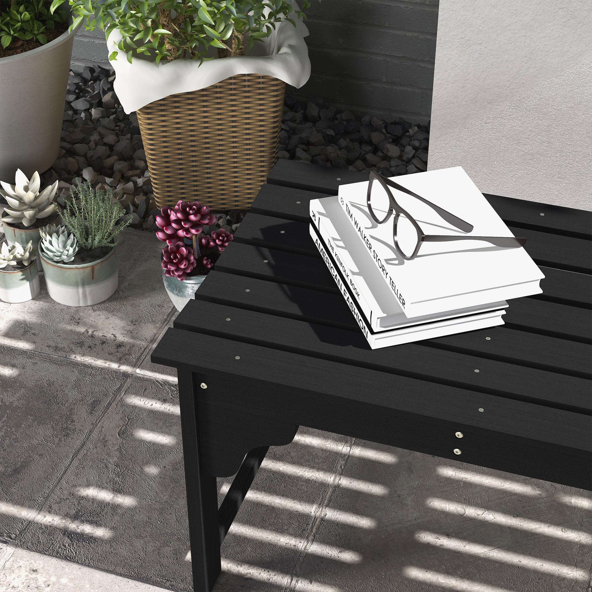 Outsunny Wooden Garden Bench, Outdoor Park Bench with Slatted Seat, Backless Front Porch Bench with Curved Seat for Conservatory, Garden, Poolside, Deck, Black