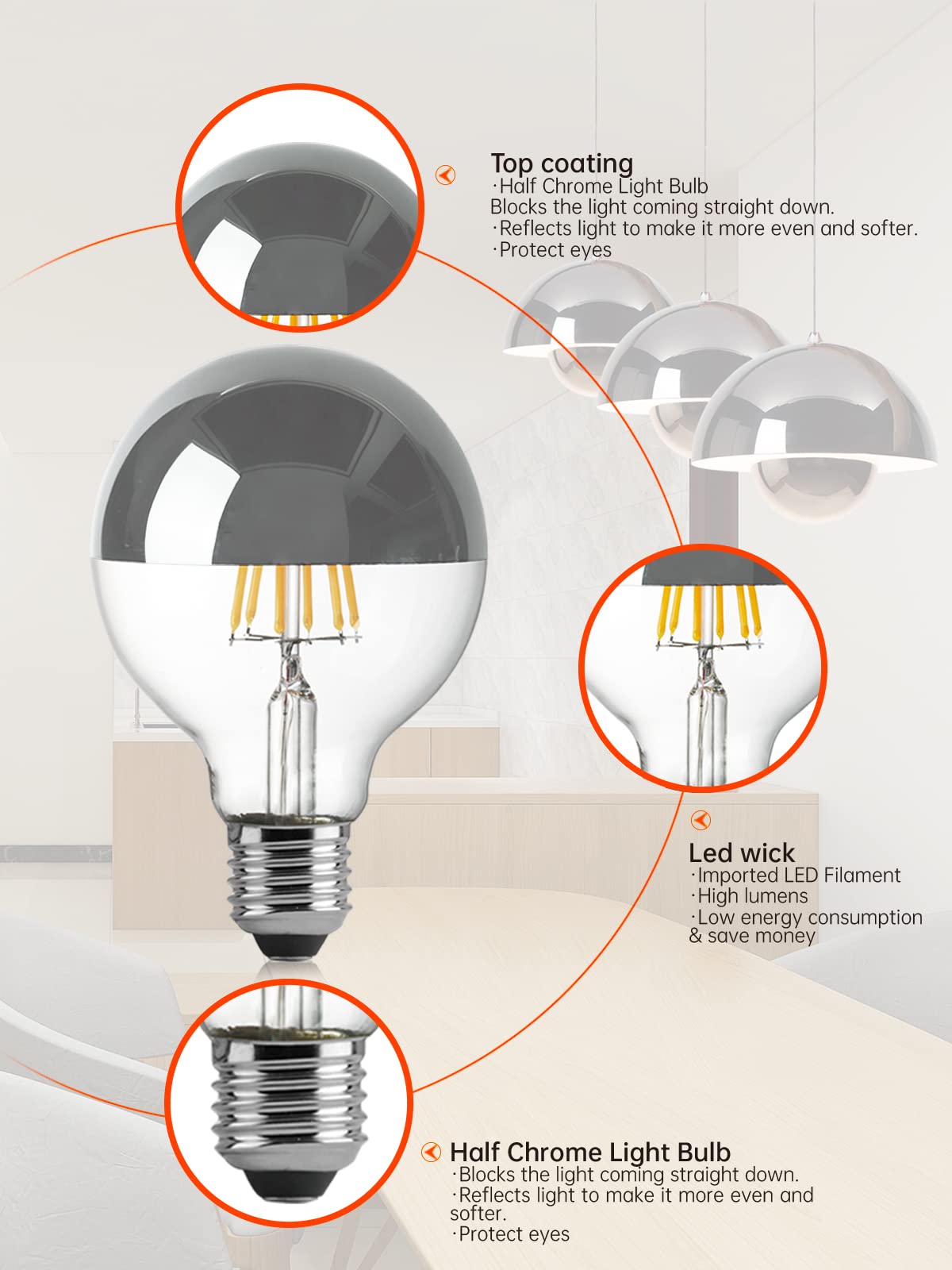 OMED 60w Equivalent Half Chrome Led 4 Pack Lights | 6Watt G25/G80 Silver Bowl Globe Shape LED Blub | Warm White 2700K Medium E26 Base Dimmable LED Filament 600 Lumens Vintage Bulb