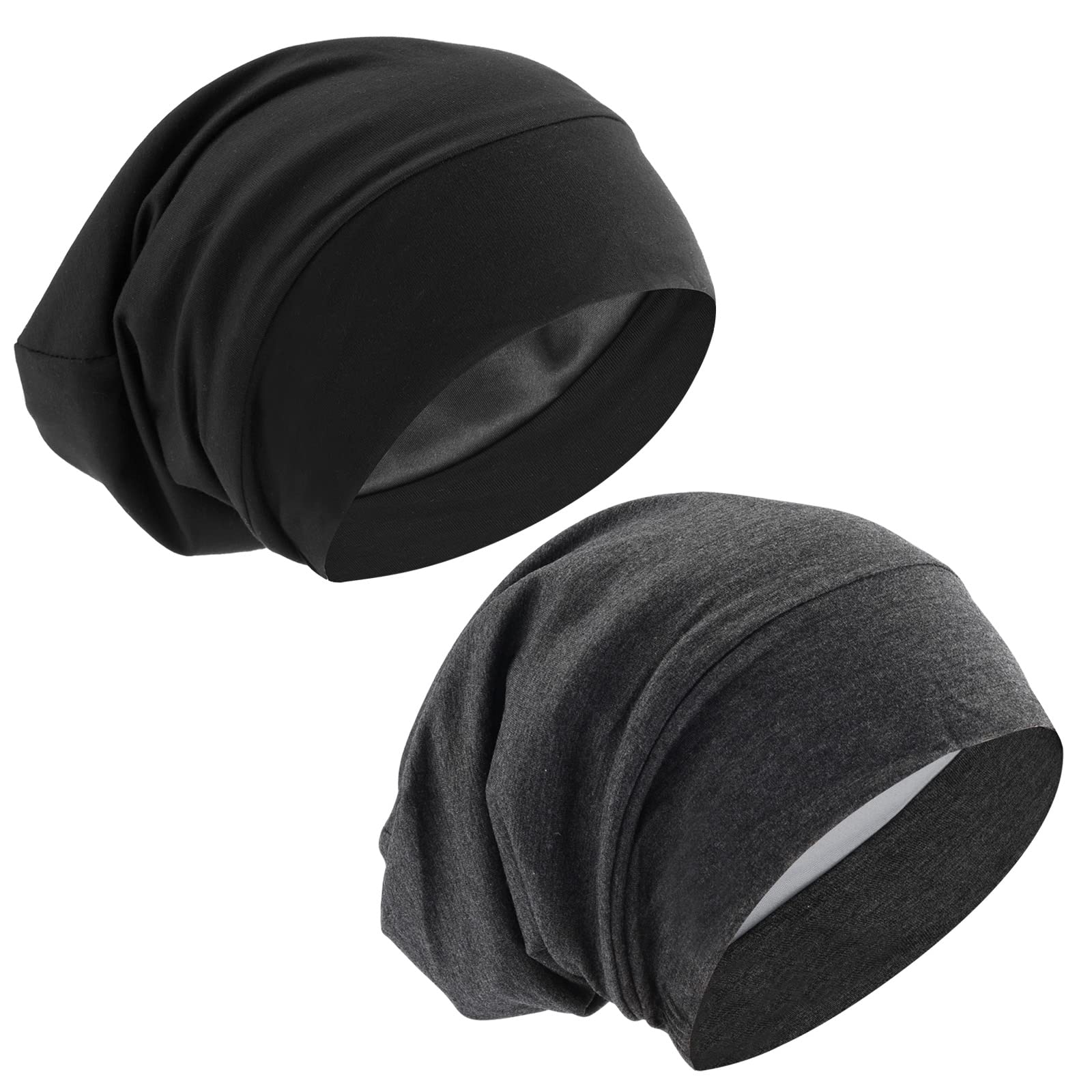 Satin Bonnet for Men 2 Pack Soft and Elastic Black Hair Cap，Satin Lined Beanie, Large Breathable Silky Hair Bonnet for Sleeping Cap，Suitable for Chemo Headwear for Women - Black and Grey