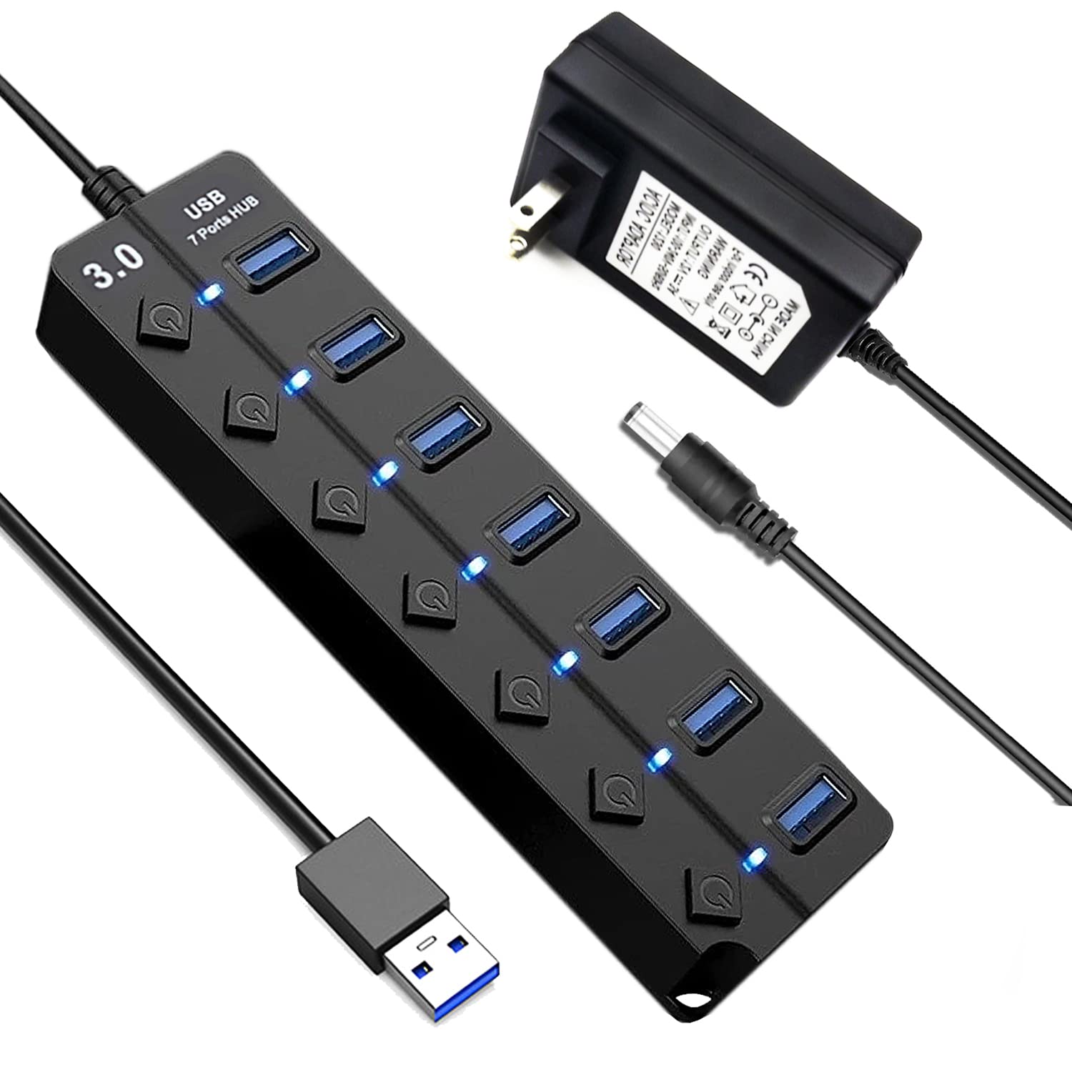 HUAPX Powered USB 3.0 Hub Adapter,7Port USB Splitter with Individual ON/Off Switches and 5V/3A AC Adapter Compatible for Laptop,Keyboard,Notebook,Mouse,PC,Table,PS4/5,Xbox,Mac,Mobile HDD