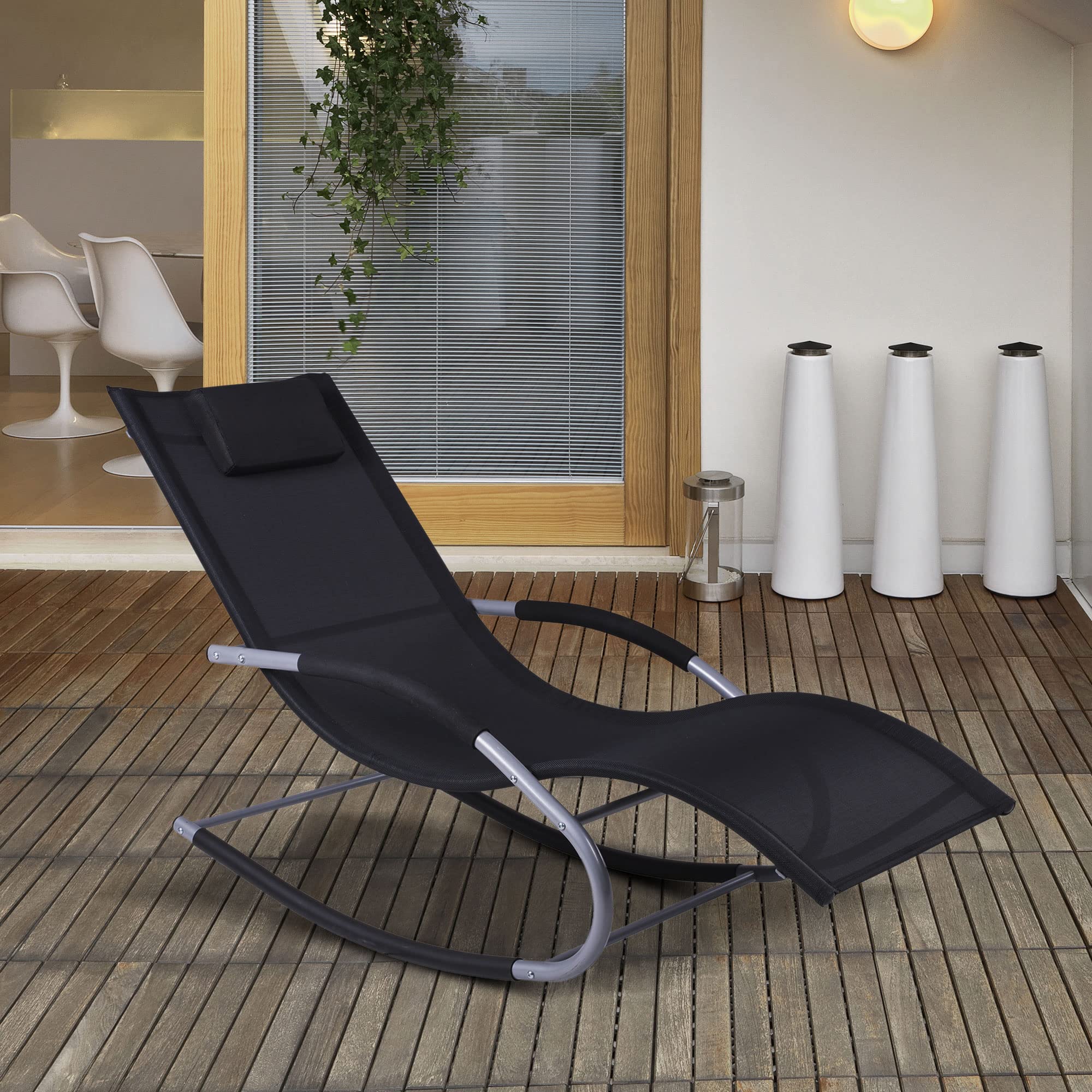 Outsunny Zero Gravity Rocking Chair Outdoor Chaise Lounge Chair Recliner Rocker with Detachable Pillow and Weather-Resistant Fabric for Patio, Deck, Pool, Black