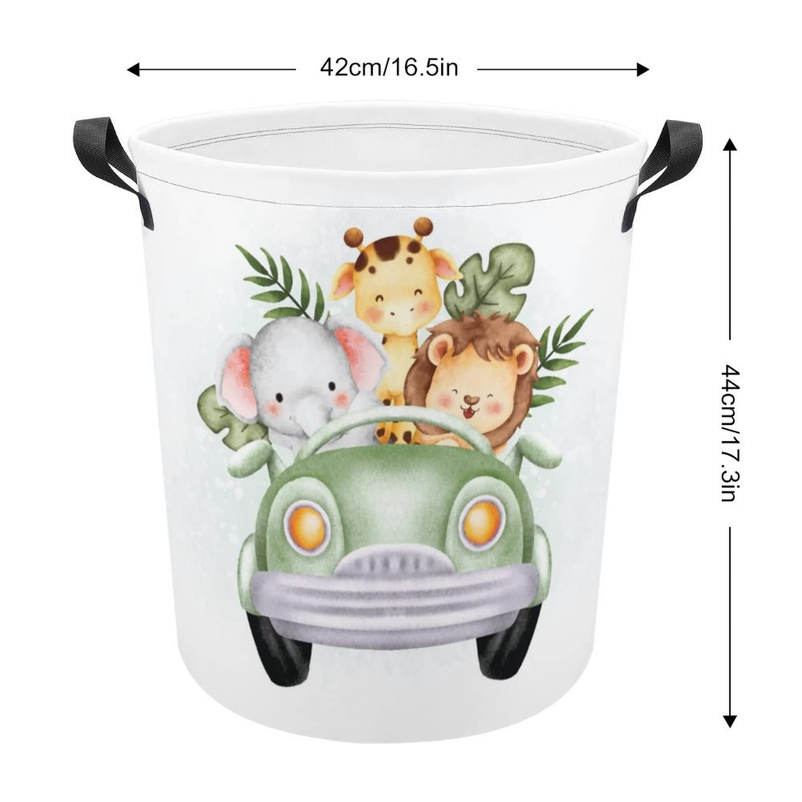 FISNAE Cute Safari Animals in Car Laundry Baskets Lion Elephant Giraffe Small Laundry Hamper-Collapsible Storage Bin with Handles Round Toy Organizer Bin for Room,Office,Nursery Hamper, Home Decor