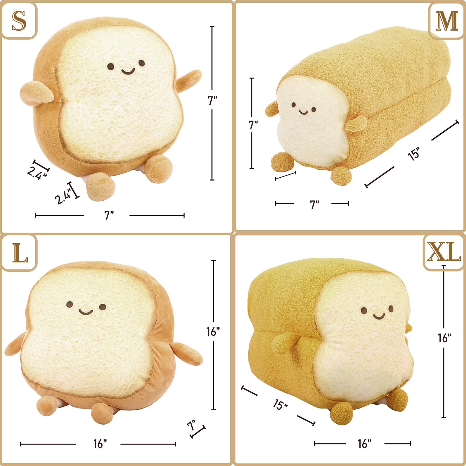 DENTRUN Toast Sliced Bread Pillow,Bread Shape Plush Pillow,Facial Expression Soft Toast Bread Food Sofa Cushion Stuffed Doll Toy for Kids Adults Gift Home Bed Room Decor, Smile, M