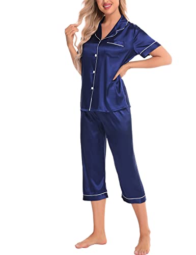 SWOMOG Satin Pajama Set Women Silk Pjs Set Short Sleeve 2 Piece Button Down Sleepwear Lounge Sets Navy Blue