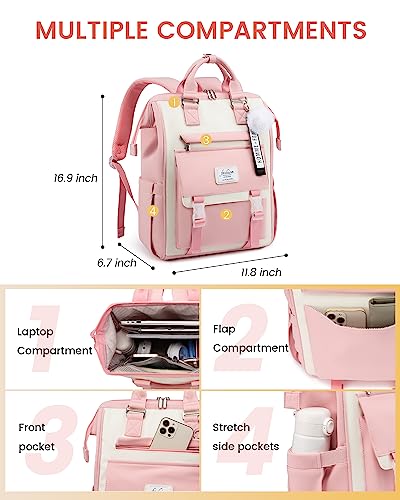 LOVEVOOK Laptop Backpack for Women,15.6 Inch College Backpack,Light Weight Travel Backpack Waterproof Casual Daypack Computer Backpack fits Travel Work Casual(15.6 inch,Pink&Beige)