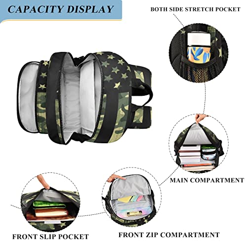 Vnurnrn Kids Backpack American Flag with Green Camo Print Big Storage Multi Pockets 17.7 IN School Backpack with Chest Buckle Reflective Strip for Boys Girls 6+ years in Primary Middle High School
