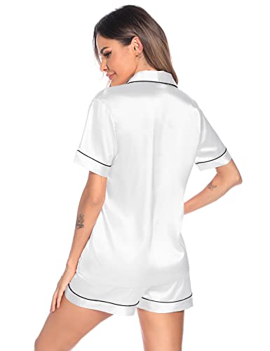 SWOMOG Women's Silk Satin Pajamas Set Soft Top and Shorts Button Down Pj Set 2 Piece Sleepwear White