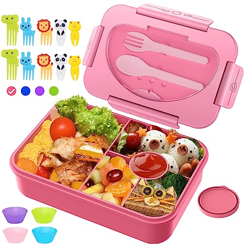 Lunch Box Kids, Bento Box, 1350ML Bento Lunch Box for Kids, Lunch Containers with 5 Compartments Utensils Food Picks Cake Cups, Leak-proof Bento Box Adult Lunch Box for Boys Girls Toddler, Pink