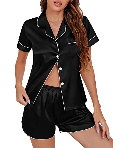 SWOMOG Womens Silk Satin Pajama Set Short Sleeve Pjs Set 2 Piece Button Down Sleepwear Lounge Sets Loungewear A-black