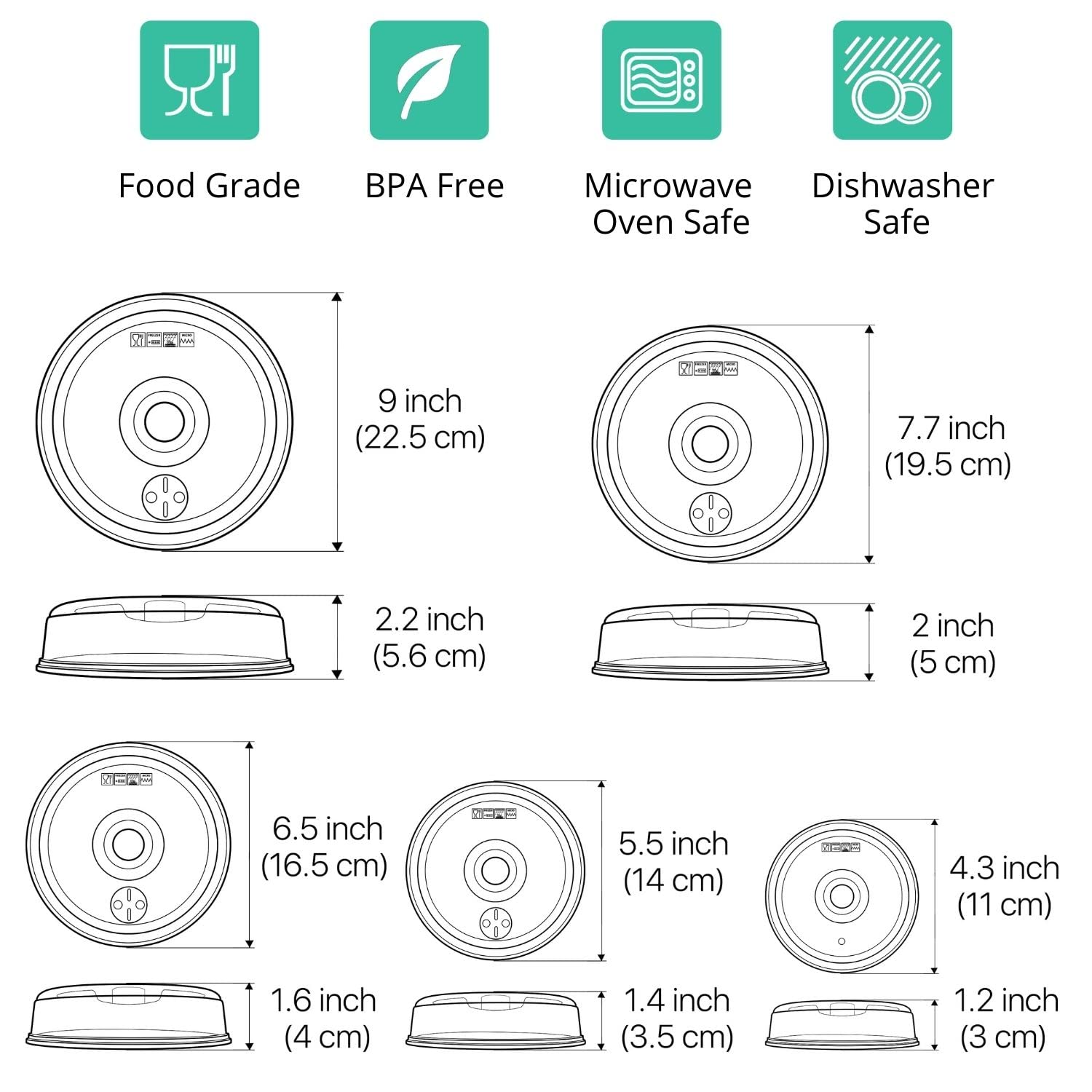 Flexzion Microwave Covers For Food Splatter Guard Protector (Set of 5, Green) - Food Cover Lid With Steam Ventilation Window Dish Washer Safe - Mixed Sizes For Large & Small Food Plates Bowls