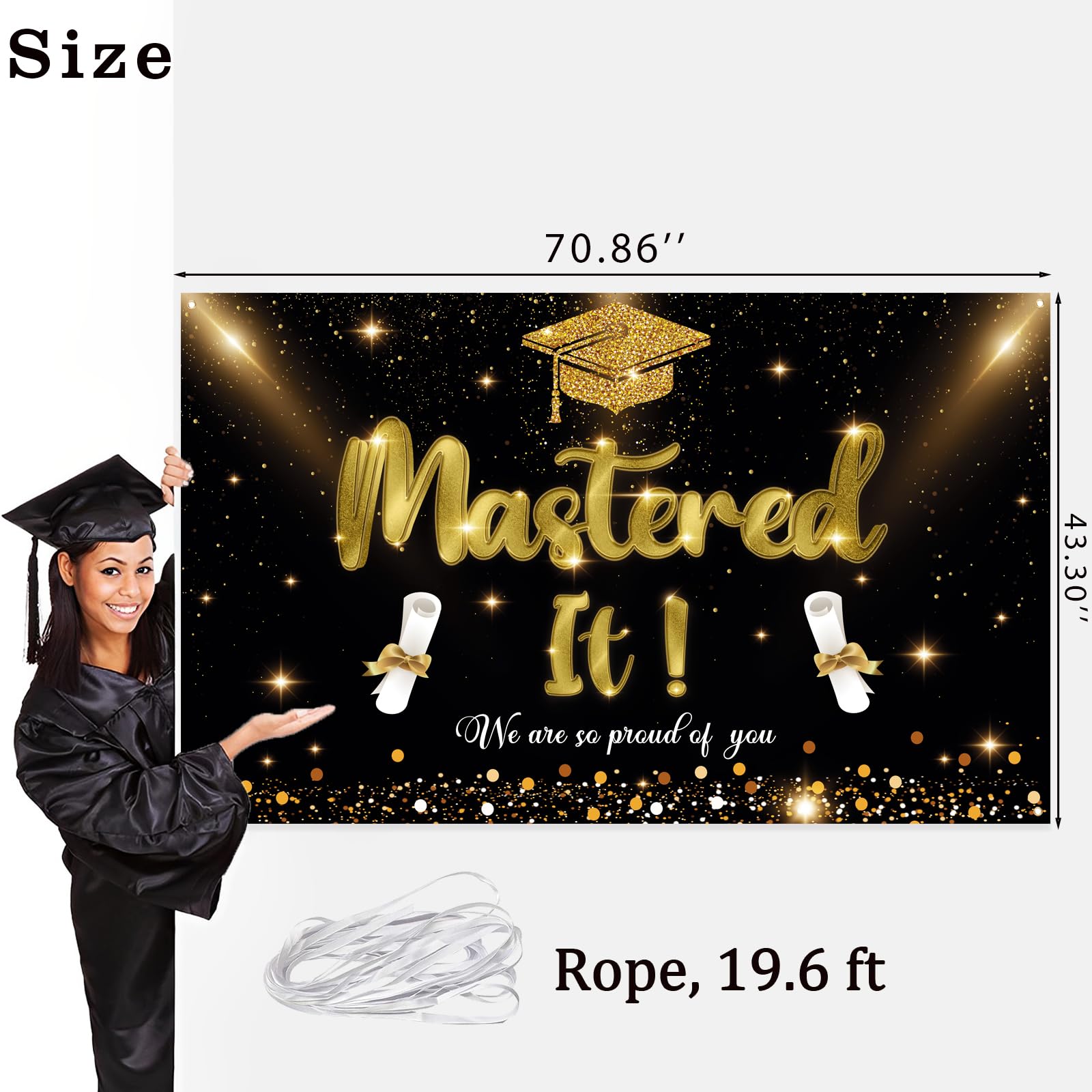 Labakita Mastered It Backdrop Banner, Masters Graduation Decorations, Masters Degree Graduation Banner, Graduation Decorations 2024, Graduation Party Indoor/Outdoor Decorations(Black and Gold)
