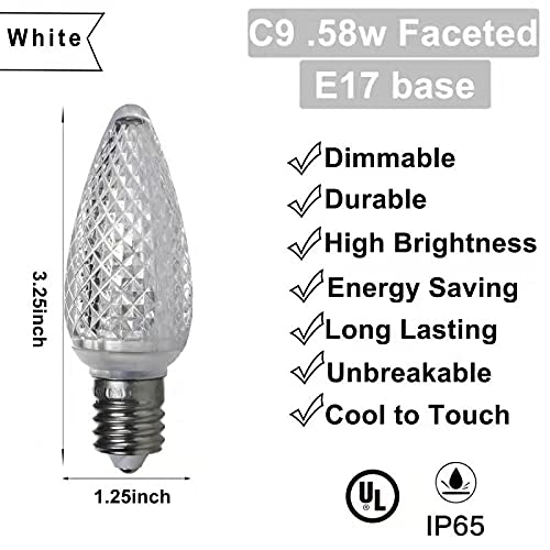 Set of 25 C9 White Faceted Cover Led Replacement Light Bulbs, Dimmable High Brightness E17 Christmas Decorative String Lights for Outdoor Holiday Decoration (White)