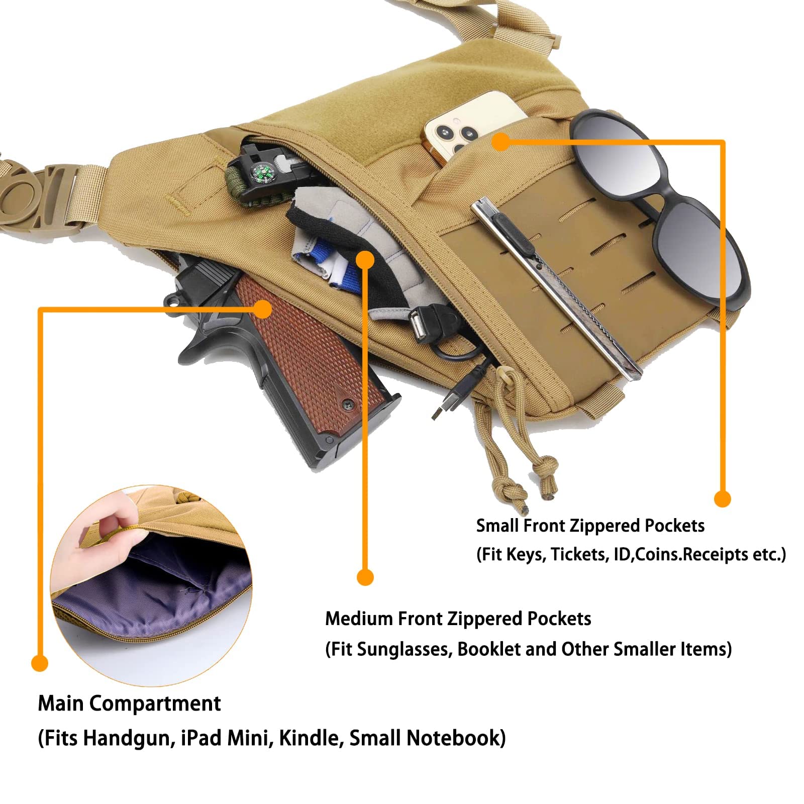 Crossbody Sling Bag for Men Women, Tactical Anti-Thief Conceal Carry Handgun Bag Stealth Personal Pocket Bag Over Shoulder Backpack w.Keychain Carabiner(CP)