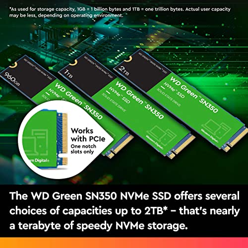 Western Digital 1TB WD Green SN350 NVMe Internal SSD Solid State Drive - Gen3 PCIe, QLC, M.2 2280, Up to 3,200 MB/s - WDS100T3G0C