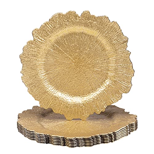 MAONAME 13" Gold Charger Plates Set of 8, Round Reef Chargers for Dinner Plates, Plastic Plate Chargers for Table Setting, Wedding Decor