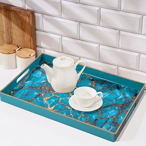 MAONAME Blue Decorative Tray, Plastic Serving Tray with Handles, Coffee Table Tray with Tempered Glass Film, Rectangle Ottoman Tray for Living Room, Bathroom, 15.7β x 10.2β
