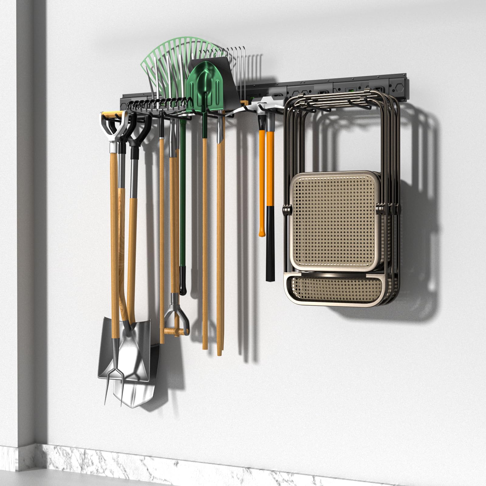 Nidouillet Garage Storage Organization Wall Mount with Bubble Level, 3 PCS Garden Tool Organizer Adjustable Garage Tool Organizer, Folding Chair Hangers with 2 Hooks 16" Tracks Max 350lb