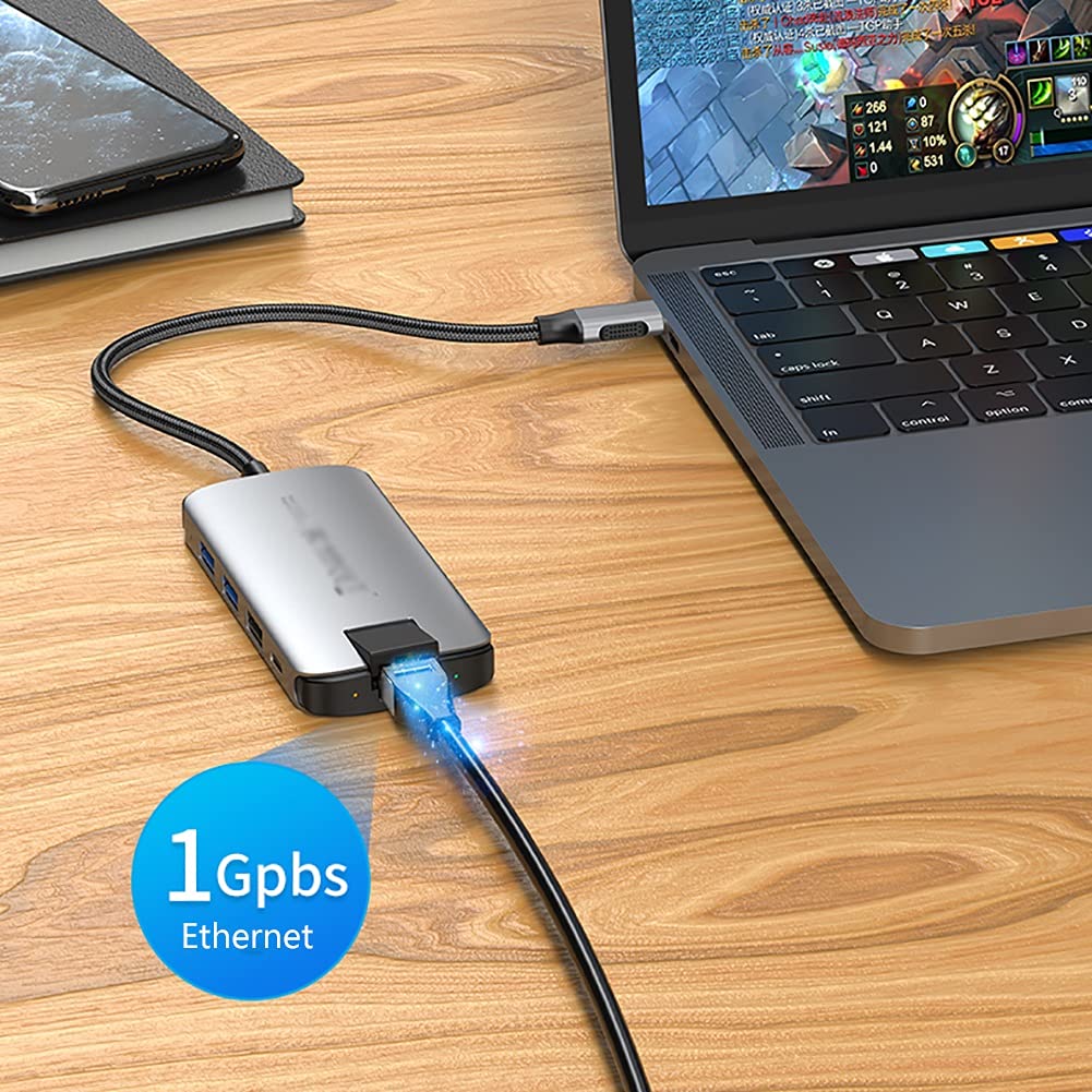 Hub Dock Adapter USB C Dock 8-in-1 Type C Hub Adapter Docking Station with Ethernet, 4K HDMI, 2 USB 3.0, USB 2.0, SD/TF Card Reader, PD 60W Computer Accessories