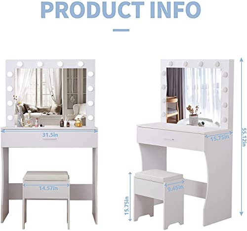 Titoni Vanity Table Set with Lighted Mirror - Makeup Vanity with Lights, Adjustable Brightness, Large Drawer Sturdy Wood Vanity, White 80x40x140cm