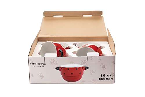 ECODECO Soup Bowls with Handles - Ceramic - Polka Dot Red - 16 Ounce - Set of 4 - French Onion Soup Crocks for Oven Baking