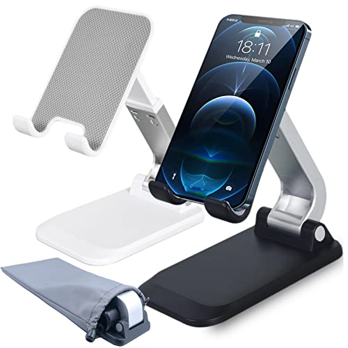 scorking 2-Pack Foldable Cell Phone Stand for Desk, Portable Phone Holder iPhone Stand with Storage Bag, Height & Angle Adjustable Desktop Phone Cradle Mount Dock iPad Stand Tablet Holder