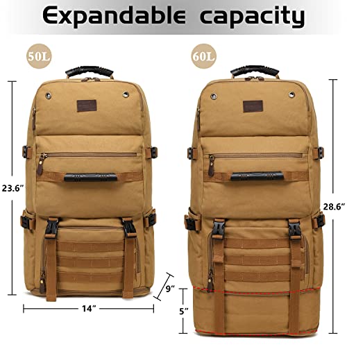 TUGUAN 50/60L Travel Backpack, Laptop Backpack for Men Large Capacity Outdoor Tactical Hiking Backpack with Shoe Compartment Expandable Canvas Rucksack for Travel Camping Climbing, Brown