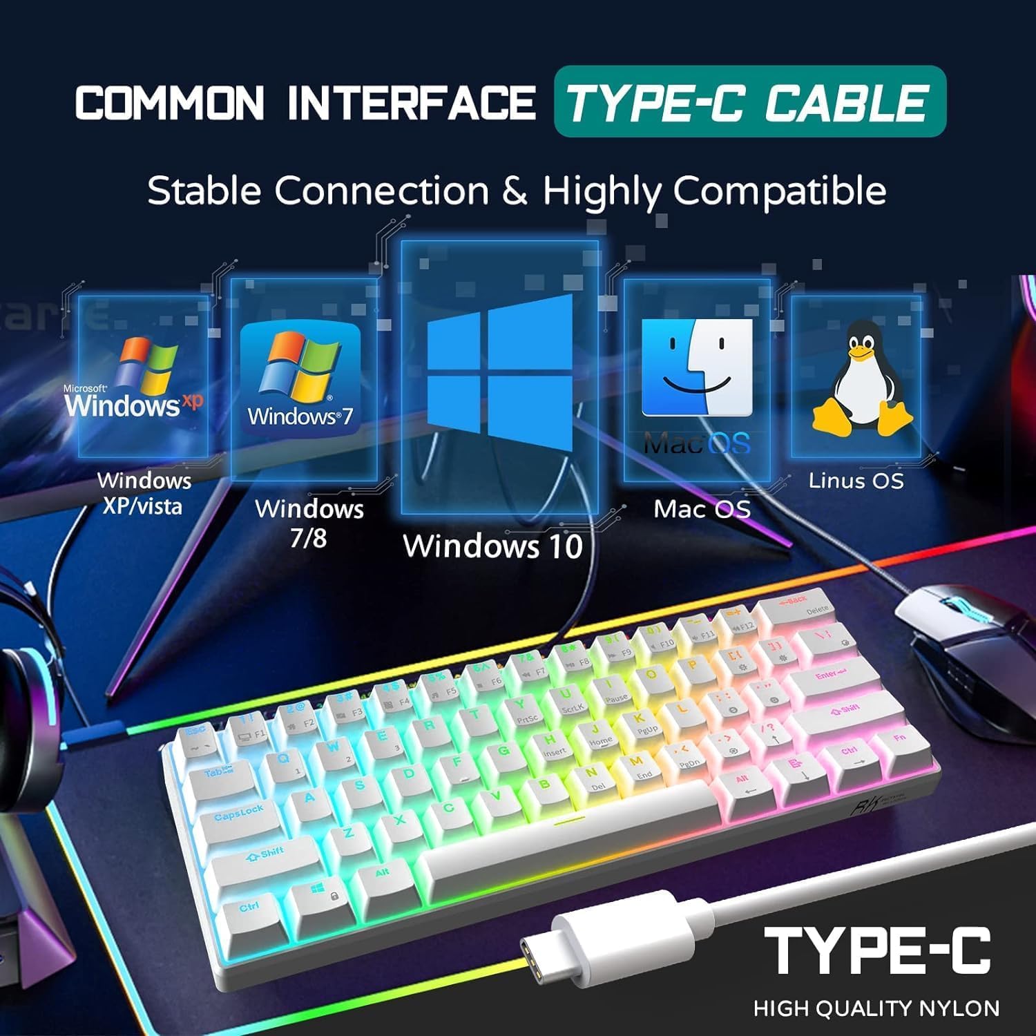 Gaming Keyboard for Girl, 60 Percent Keyboard Color Cute Keyboard with , Wired Mechanical Keyboard for Gaming Office White