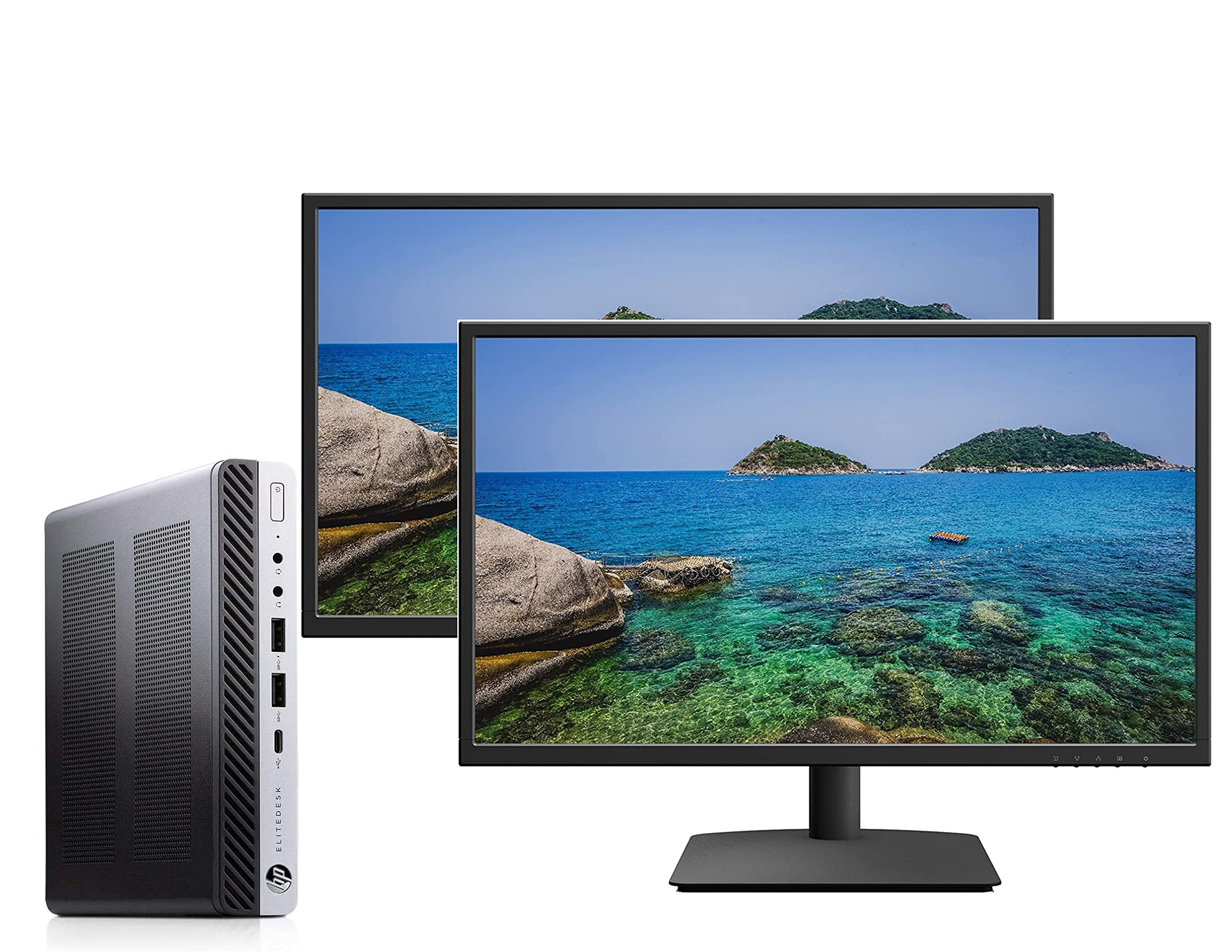 HP Elitedesk 800 G4 Mini Business Desktop (Intel Quad Core i5-8500T, 16GB DDR4 RAM, 256GB NVME Type-C, DisplayPort, WiFi, Ethernet, Kbd+Mou, Windows 11 Pro 64-bit with Dual 24" LCD … (Renewed)
