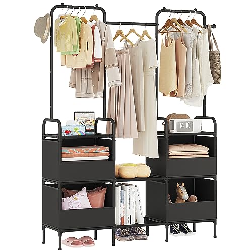 Laiensia Clothes Rack,3 Rods Portable Clothing Hanging Garment Rack,Coat and Shoe Rack with 4 Storage Shelves and 4 Storage Pockets,for Bedroom,Entryway,Living room,Black