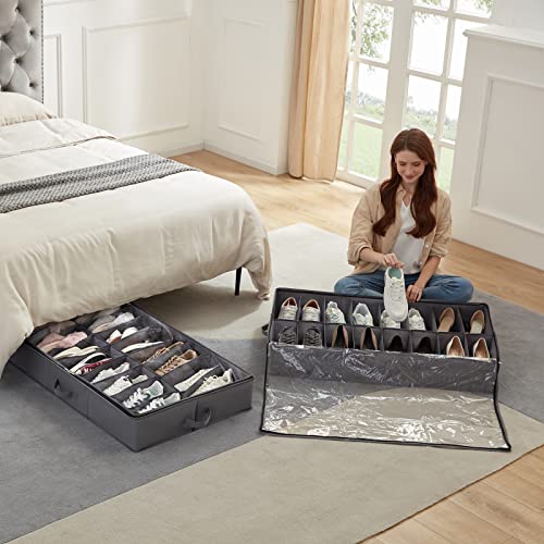 Lifewit 2 Packs Under Bed Shoe Storage Organizer, Total Fit 32 Pairs of Shoes, Foldable Shoe Rack Organizer Container with Reinforced Handle and Clear Cover for Women's and Men's Shoes