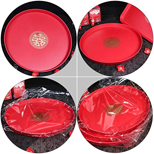 jojofuny Chinese Wedding Serving Tray Platter: Red Fruit Plate Round Tea Tray Large Plastic Snack Dishes for Chinese Traditional Wedding Decoration Supplies