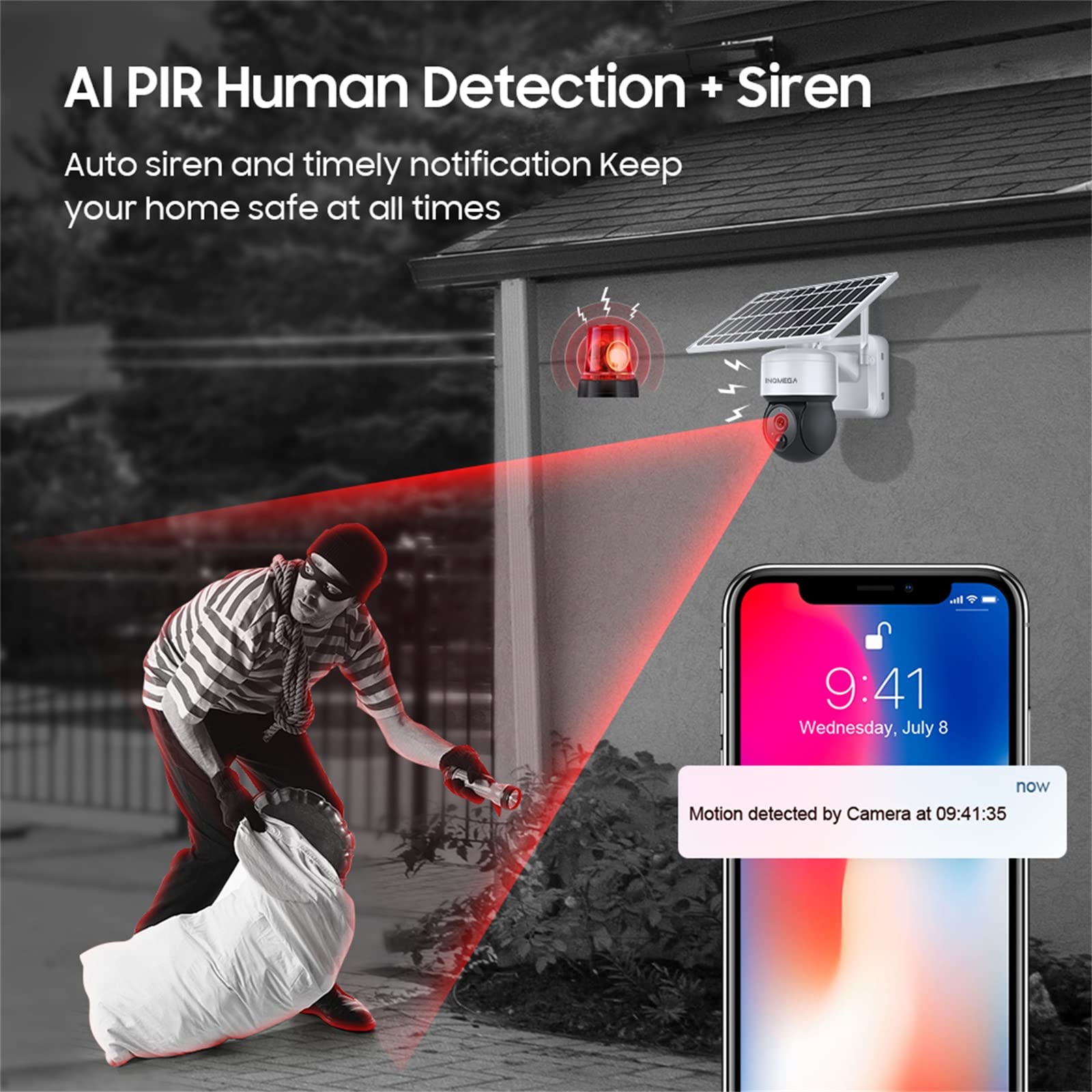 INQMEGA Solar Security Camera Outdoor, 360° PTZ WiFi Wireless Security Camera with 3MP UHD Night Vision, PIR Motion Detection and Siren,IP66 Waterproof,Two-Way Audio,SD/Cloud