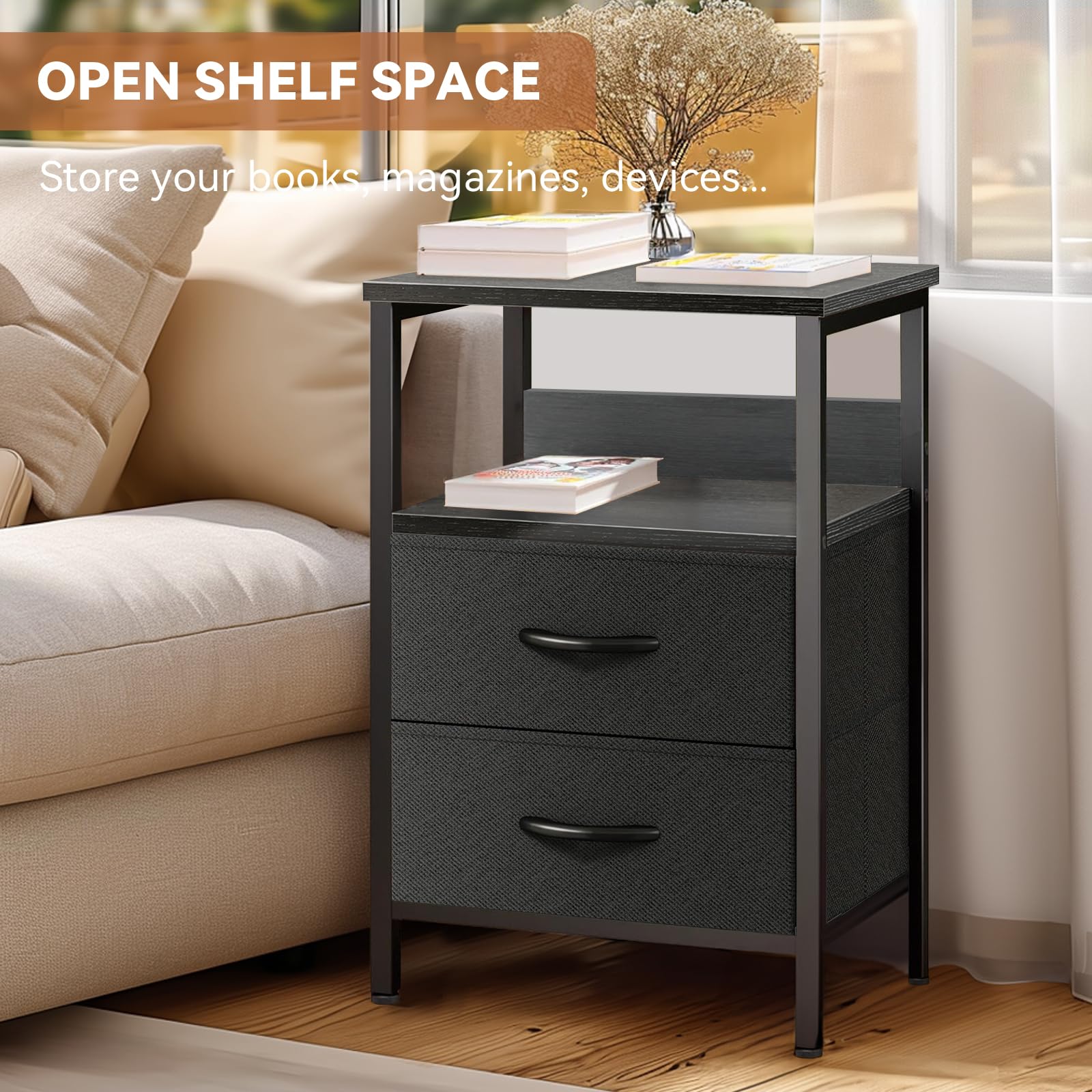 Night Stand Set of 2, Bedside Tables with Fabric Drawers, Side Table with Charging Station, LED Nightstand with USB Ports and Outlets, Small End Table for Bedroom, Rustic Brown