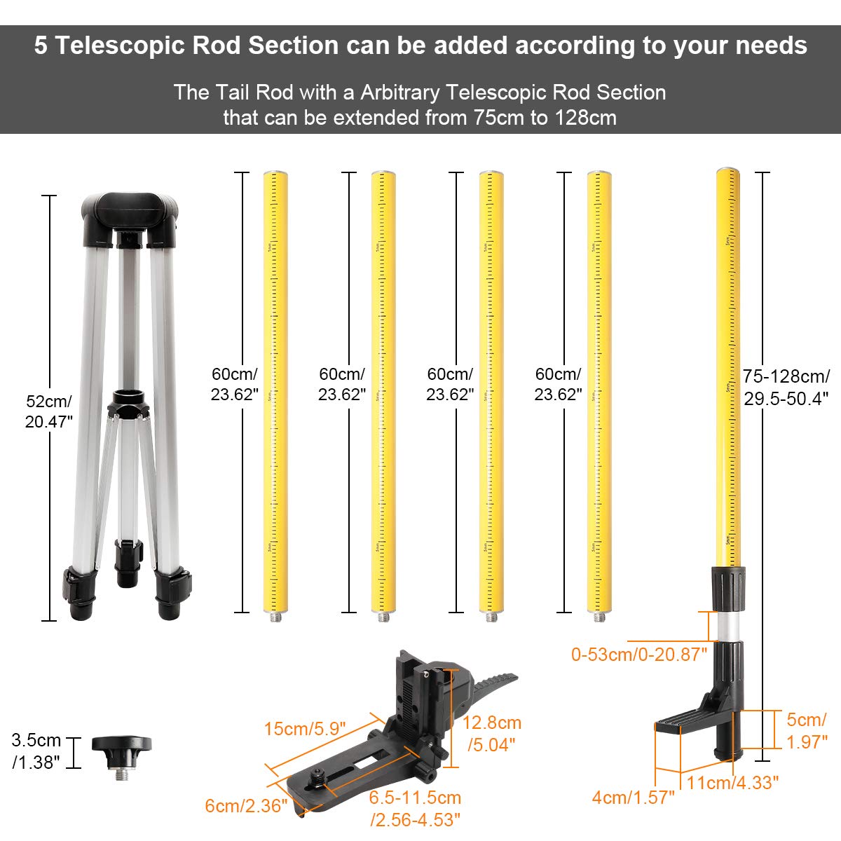 Huepar Upgraded Mounting Clamp with Clip - has 1/4"-20 Male Thread and 5/8"-11 Thread Adapter for Telescoping Pole for Rotary and Line Laser Levels, Adjustable Bracket LP36M-S