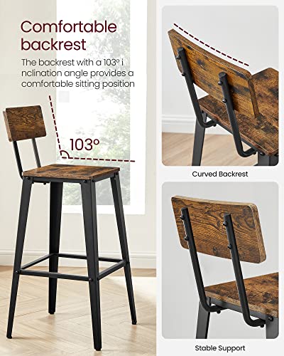 VASAGLE Set of 2 Bar Stools, Bar Height Stools, Tall Bar Stools with Back, Bar Chairs, Steel Frame, Industrial Style, Easy Assembly, Rustic Brown and Black ULBC078B01