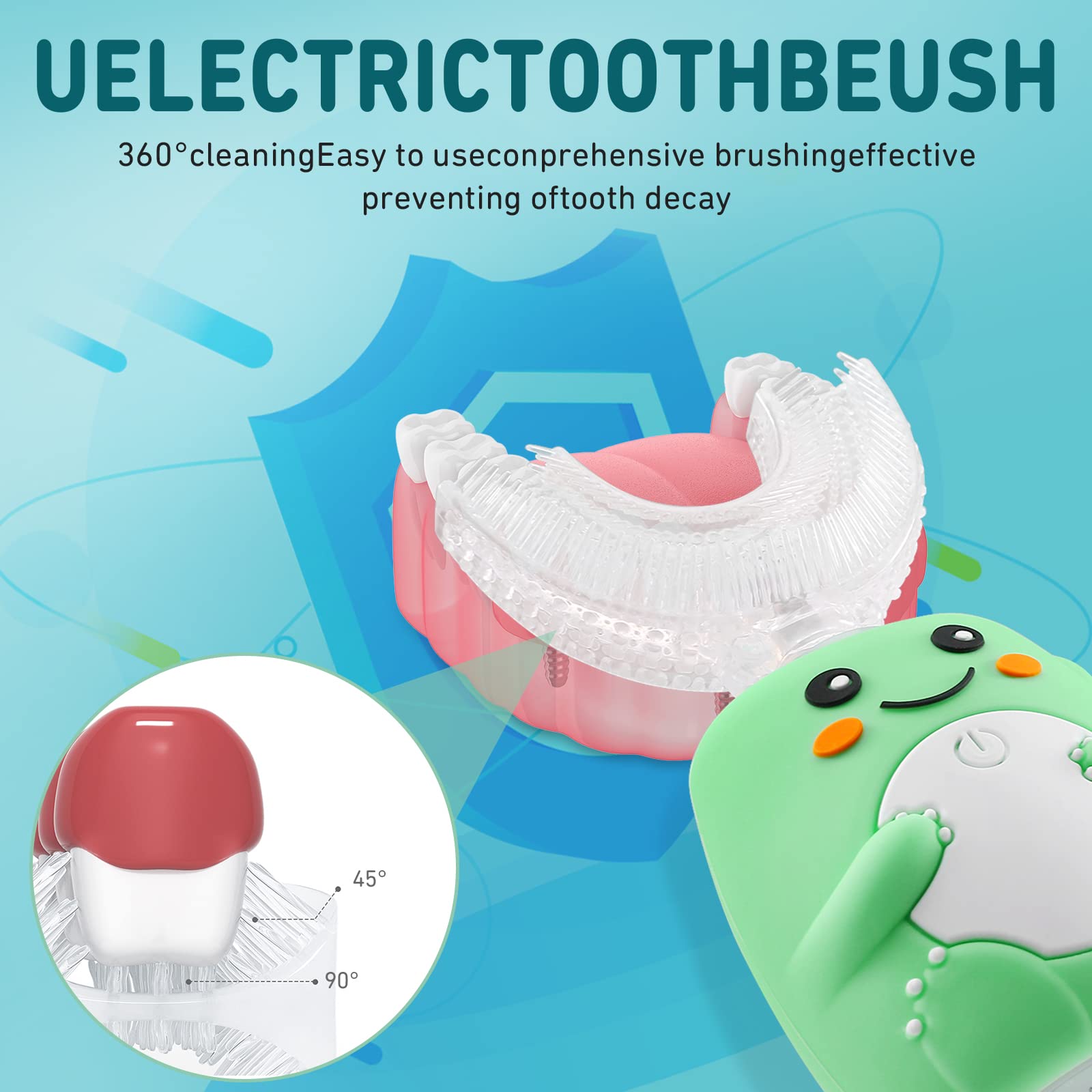 Kids Electric Toothbrushes, U Shaped Ultrasonic Toothbrush, Rechargeable Kids Toothbrush w/Smart Timer, 3 Brush Heads Replacement, 3 Clean Modes, IPX7 Water Resistant for Child 2-6