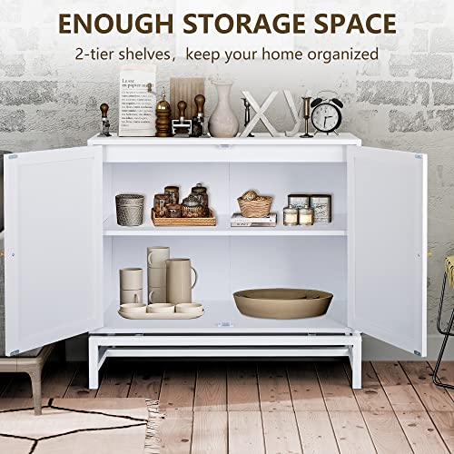 Lamerge Sideboard Buffet Cabinet, Rattan Kitchen Storage Cabinet with 2 Doors,Cupboard Console Table with Adjustable Shelves,Accent Cabinet for Dining Room, Bedroom, Hallway,White