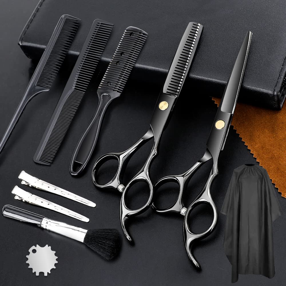 Hair Cutting Scissors Set Professional Hairdressing Scissors Kit with Straight Scissors, Thinning Scissors, Comb, Cape, Hairpin Multi Use Haircut Kit for Barber Salon and Home