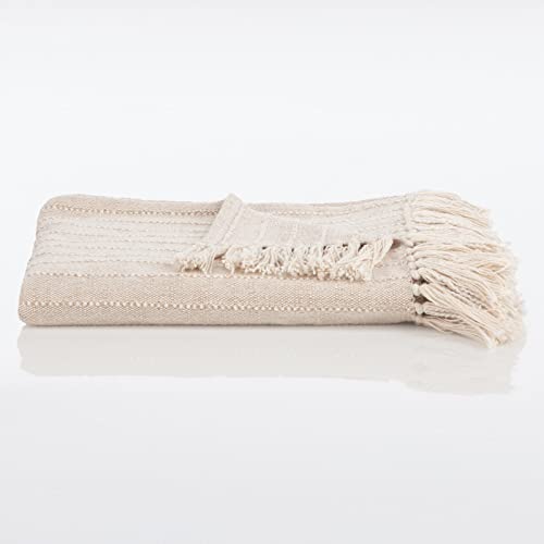 Nate Home by Nate Berkus Lightweight Textured Weave Cotton Throw Blanket | with Fringe Detail, Breathable, All-Season Decoration for Bedding from mDesign - 50" x 60", Natural (Tan)