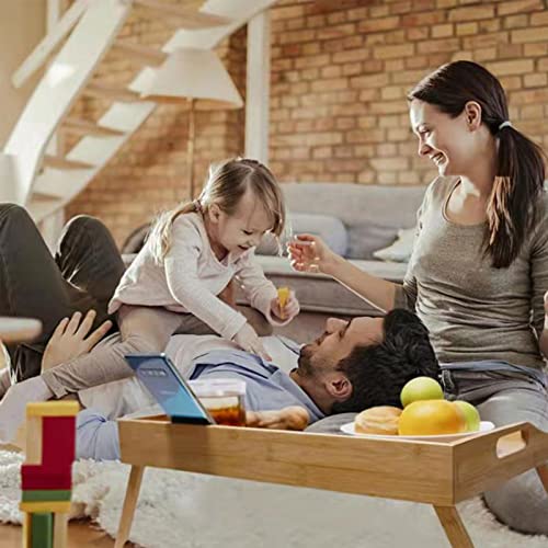 Natural Bamboo Bed Tray Table,Large Breakfast Tray with Handles Folding Legs with Media Slot and with Phone Holder,Foldable Platter Tray,Laptop Desk,Flat TV Tray Kitchen Serving Tray (Yellow)